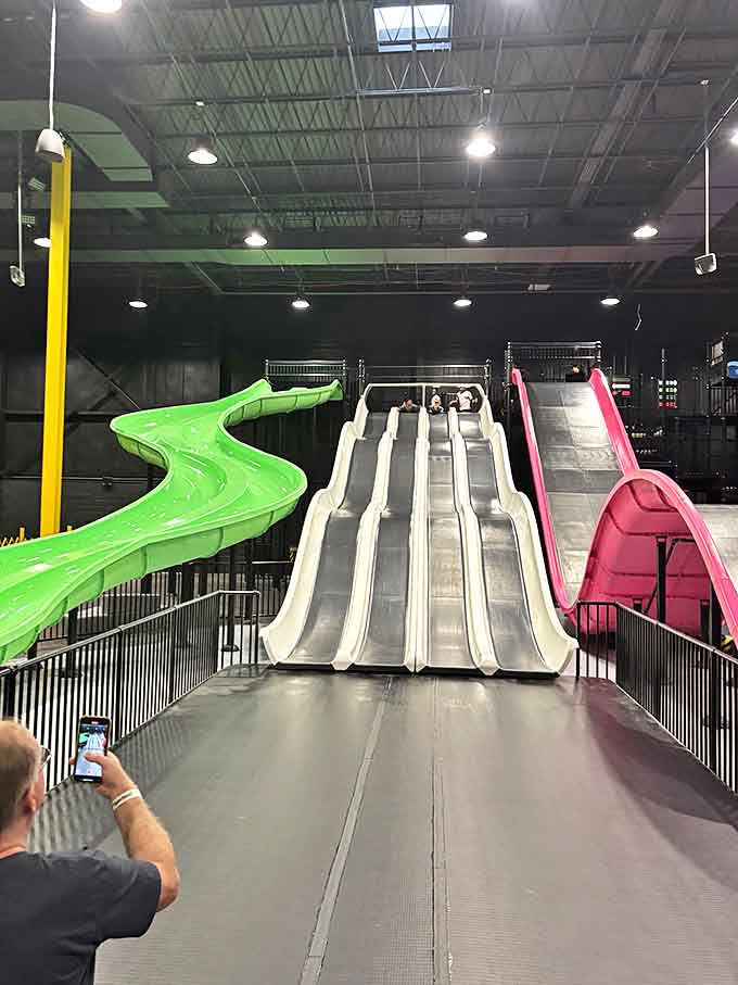 The triple-threat slide formation offers choices: fast and straight, curvy and controlled, or the "what-was-I-thinking" vertical drop.