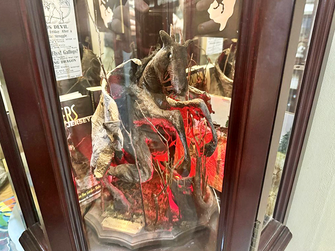 A striking Jersey Devil display glowing with red light, showcasing one of cryptozoology&rsquo;s most legendary creatures at the International Cryptozoology Museum.