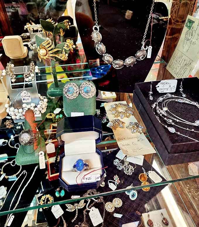 Sparkling jewelry from fashion eras past, each piece carrying mysteries about who wore it and to what special occasions.