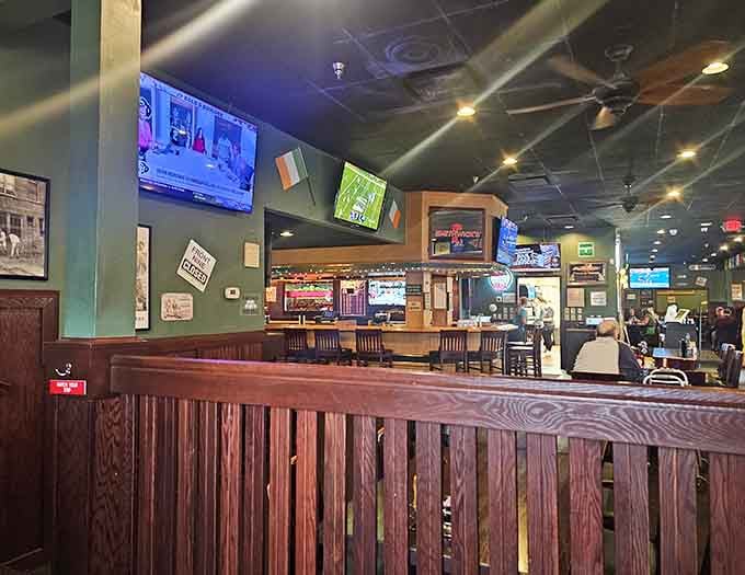 Multiple seating areas and television screens ensure everyone gets a good view of the game while enjoying their meal in comfort.