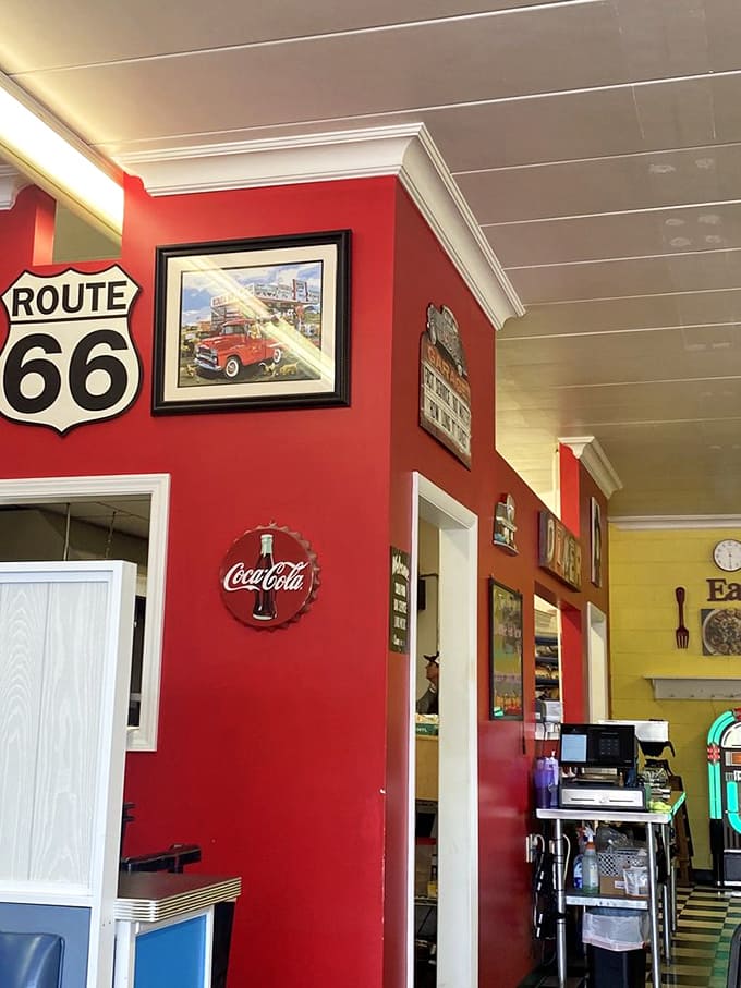 Route 66 signs and Coca-Cola memorabilia create an atmosphere of authentic Americana - no interior decorator needed, just decades of history.