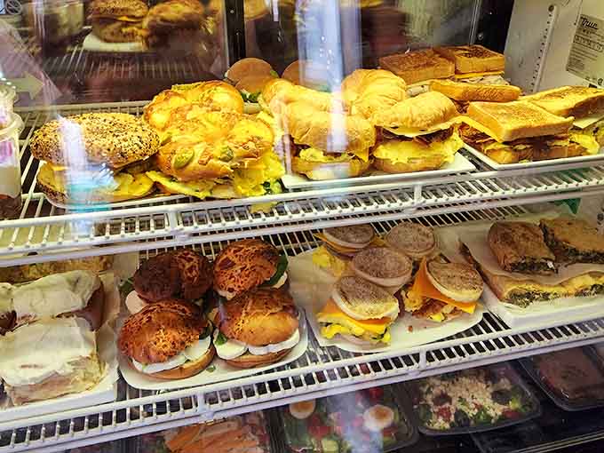The display case tempts you with fresh bagels and pastries, all begging to come home with you.