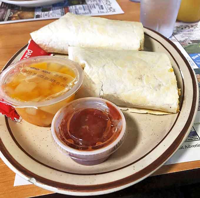 Breakfast Burrito: A flour tortilla stuffed with morning favorites and served with sides of salsa and applesauce &ndash; Michigan's version of breakfast balance.