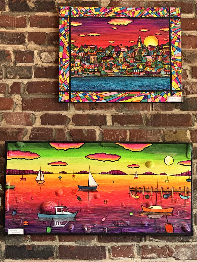 Vibrant local artwork pops against neutral walls &ndash; not just decorations, but conversation starters before the main culinary event.