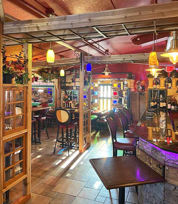 Colorful pendant lights and rustic wood create an ambiance that's equal parts whimsical and welcoming.