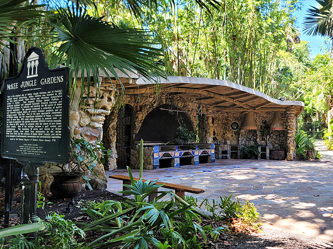 The historic entrance to McKee Jungle Gardens welcomes visitors with the promise of tropical adventures beyond.