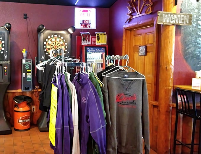 Even the coat rack area has personality, with colorful jackets hanging like a rainbow of Northwoods fashion waiting for their owners' return.