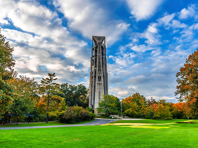 Reaching skyward, the Millennium Carillon stands tall amidst a sea of autumn hues. It's like the world's most musical tree decided to join the fall festivities.