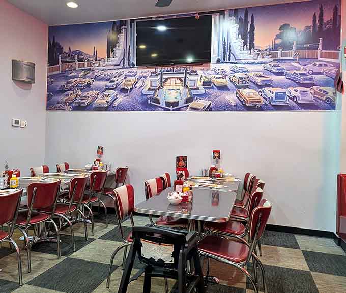 The seating area blends nostalgic murals with comfortable tables, creating the perfect backdrop for your deep-fried corn adventure.