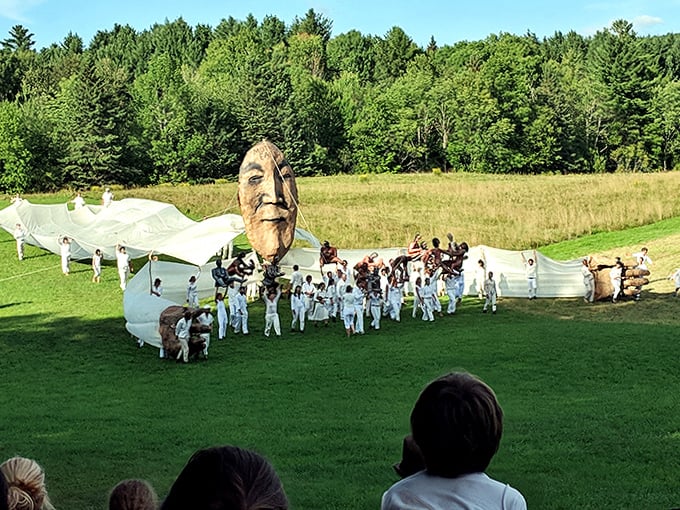The outdoor spectacles bring puppetry to epic scale, with massive figures processing across Vermont fields like ancient gods returning to Earth.