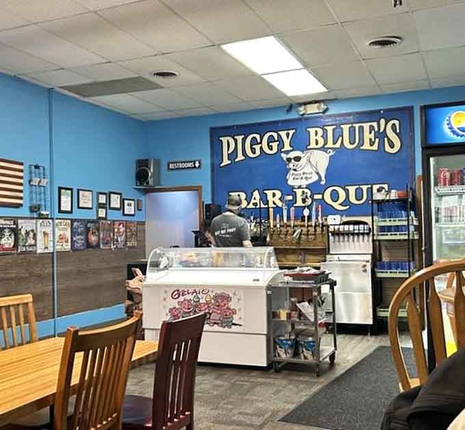 That prominent Piggy Blue's sign and beer tap lineup signal serious business when it comes to barbecue and good times.