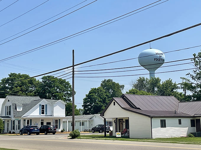 Residential streets where the water tower watches over everything like a benevolent giant keeping tabs on the neighborhood.