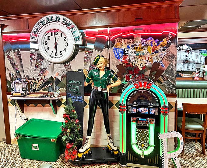 Not just decoration &ndash; the vintage decor includes this roller-skating waitress figure that stands as a three-dimensional tribute to diner culture.