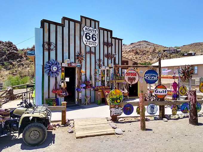 Route 66 memorabilia explodes in colorful chaos at this gift shop, where vintage signs and desert-inspired art compete for attention.