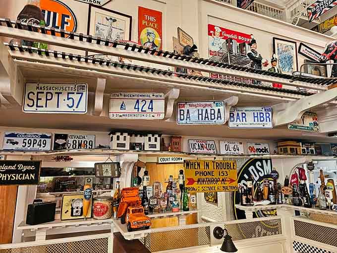 The shelves overflow with vintage treasures like a museum designed by someone who really, really loved the golden age of American road trips.
