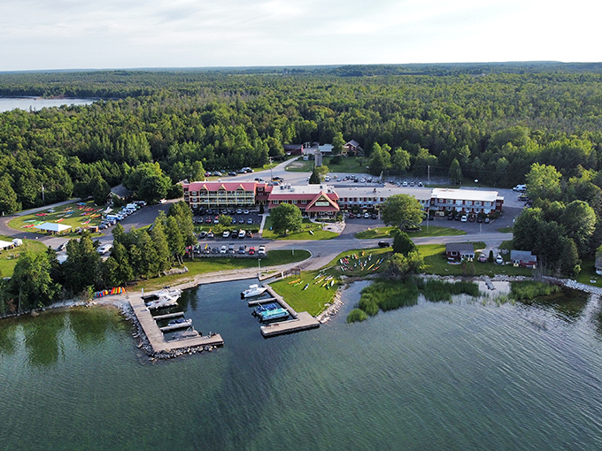 Aerial view of a lakeside resort where vacation dreams come true and "just one more day" becomes everyone's favorite phrase.
