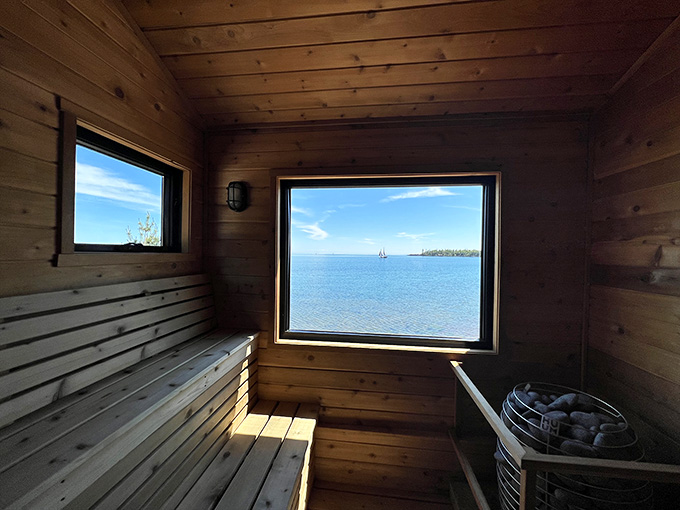 Sisu and L&ouml;yly's sauna offers steamy relaxation with Lake Superior views, combining Finnish tradition with North Shore scenery in perfect harmony.