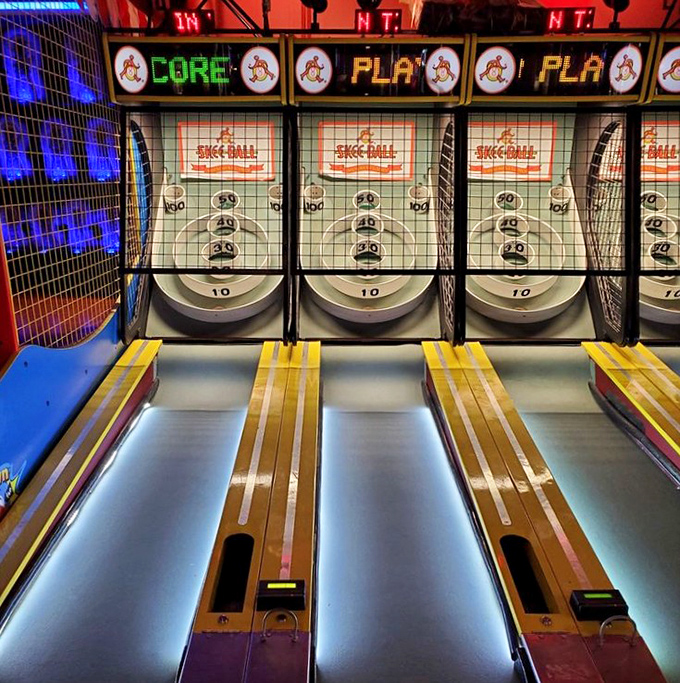 Skee-Ball, the timeless game of rolling skill, stands ready to challenge players and dispense tickets with mechanical fairness. Aim high, roll smooth!