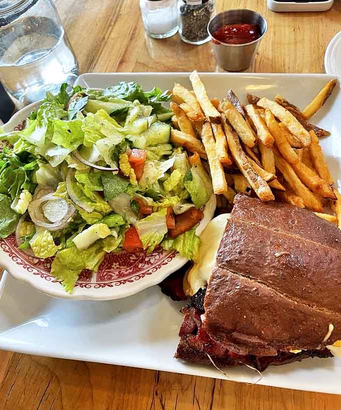 This trio of soup, sandwich, and fries represents the holy trinity of satisfying lunch done absolutely right.