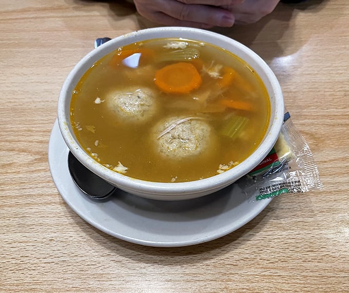 Matzo ball soup that could cure anything from common colds to existential crises, with perfect dumplings floating in liquid gold.
