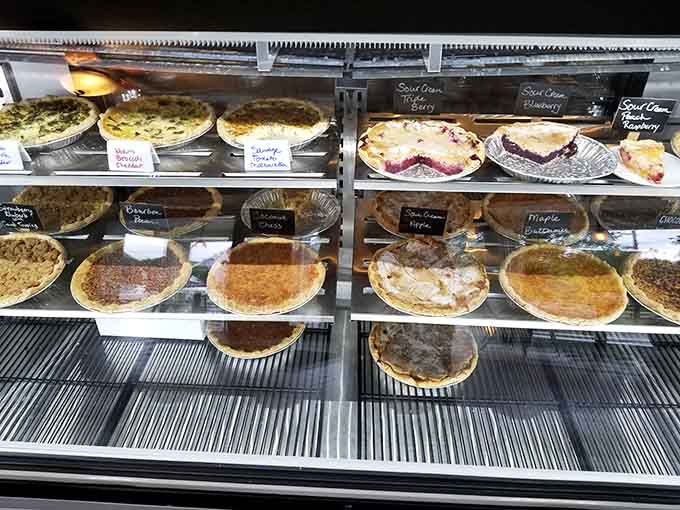 The pie case displays a rotating selection of sweet temptations that make choosing just one nearly impossible.