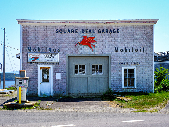 Square Deal Garage stands as a time capsule of small-town America, its vintage Mobil sign and weathered exterior unchanged by decades.