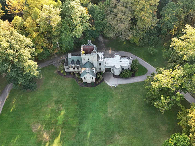 From above, the castle's footprint reveals its compact but impressive design, like someone built a European manor's greatest hits album.
