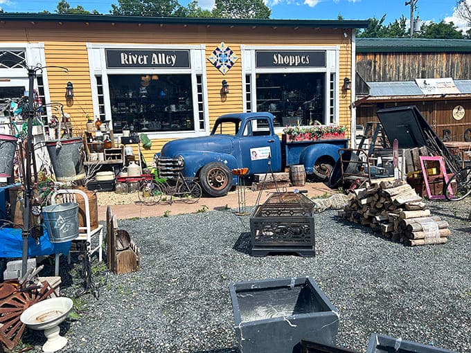 Taylors Falls charm on full display, where River Alley Shoppes and a vintage truck turn browsing into small-town treasure hunting fun.