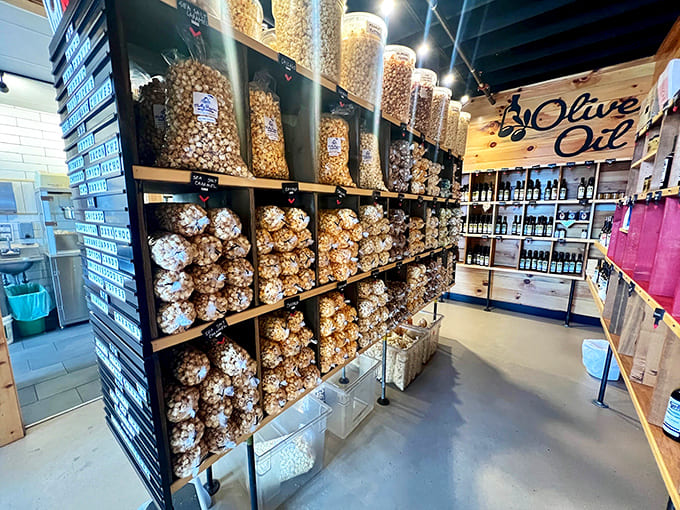 Shelves overflow with local products and specialty items, turning a simple meal into a potential shopping adventure for food lovers.