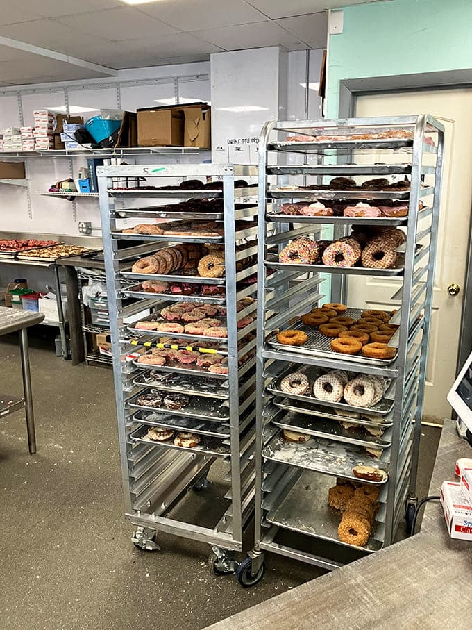 Behind-the-scenes racks reveal the impressive operation required to keep Portland properly supplied with potato donuts.