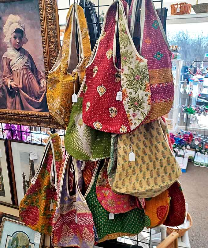 A kaleidoscope of kantha bags crafted from recycled saris brings global flair and sustainable style to this treasure trove of vintage finds.