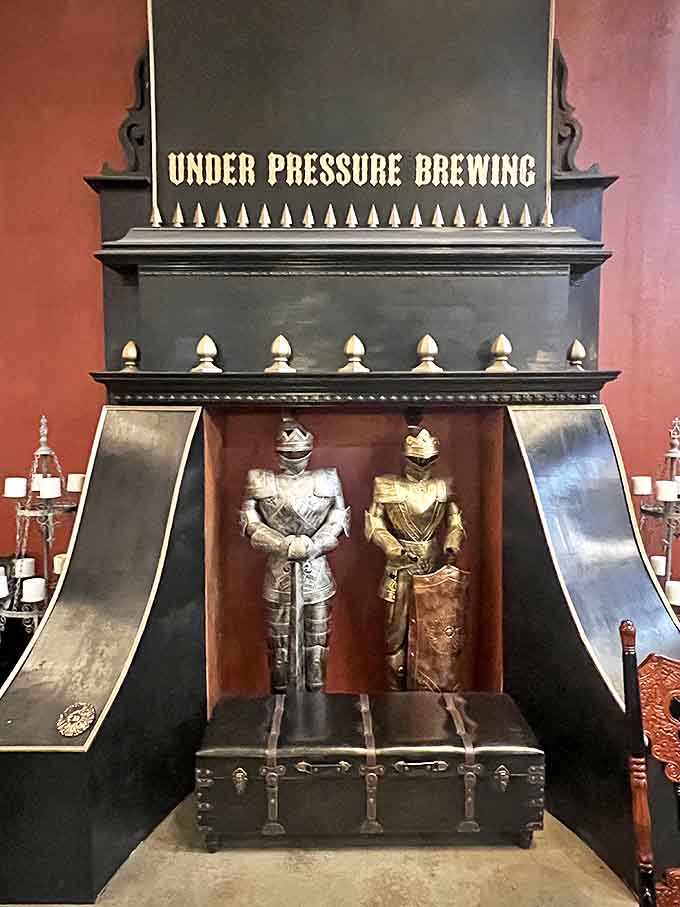 Ornate details and suits of armor stand guard over the brewing operation, keeping watch for flavor thieves.