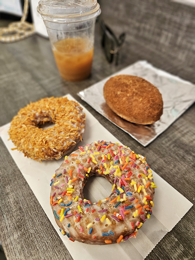 Sprinkles on vanilla glaze is childhood nostalgia in edible form, reminding you of simpler times when your biggest decision was which cartoon to watch on Saturday morning.