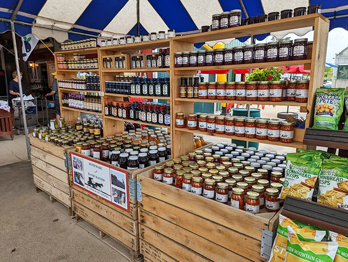 The farm stand overflows with jars of jams, jellies, and local products that'll make you want to buy one of everything.