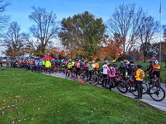 Cyclists gather beneath autumn trees, their colorful gear matching nature's own vibrant display of seasonal transition.