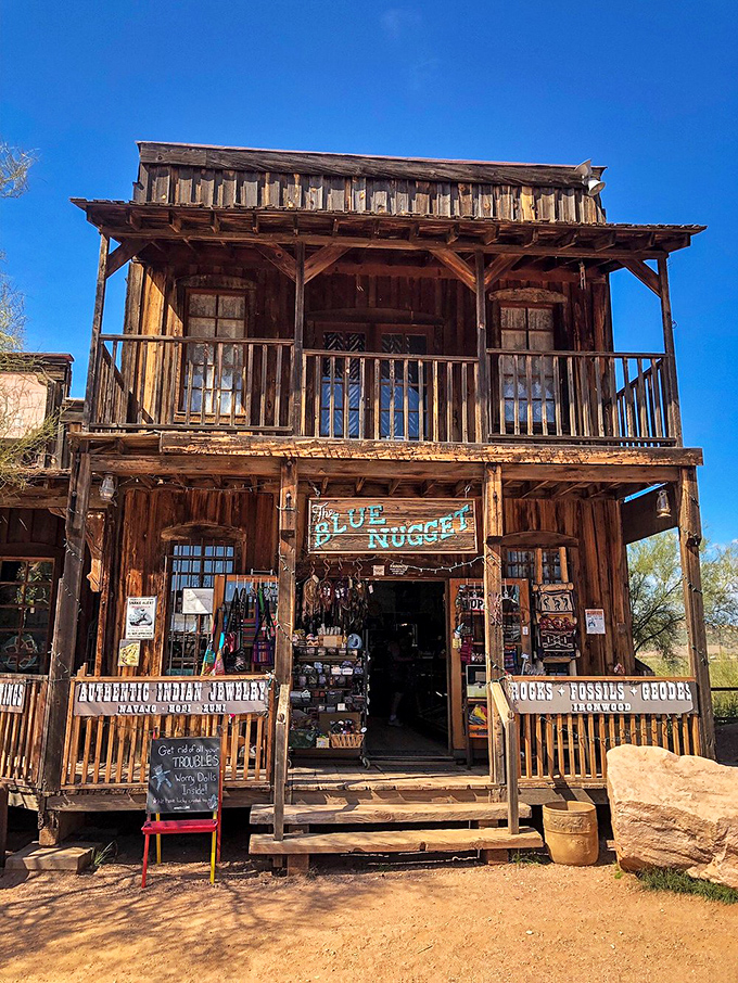 The Blue Nugget shop offers authentic Native American jewelry and souvenirs, housed in a beautifully preserved wooden building.