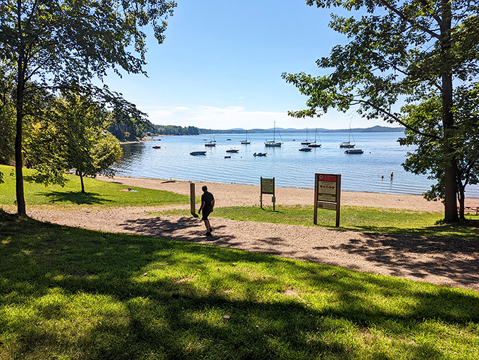 Sailboats dot the water like white butterflies, adding a touch of human grace to Lake Champlain's vast blue canvas.