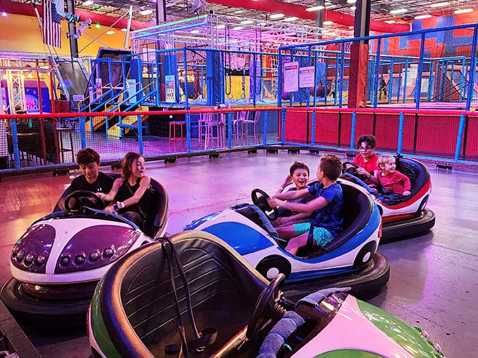 Bumper cars add classic amusement park thrills to the indoor adventure mix, proving some joys never go out of style.