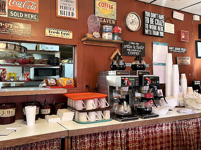 Coffee brews nonstop here, surrounded by humorous wall d&eacute;cor that regulars recognize instantly.&rdquo;