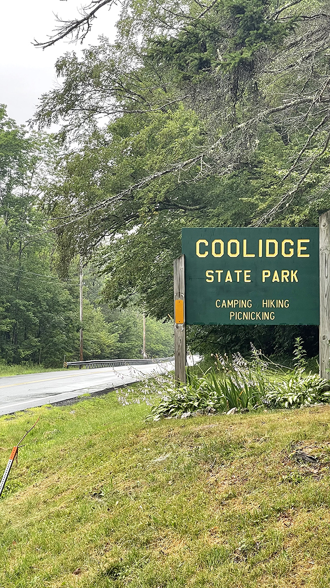 Coolidge State Park's unassuming entrance belies the natural splendor within &ndash; Vermont's version of "don't judge a book by its cover."