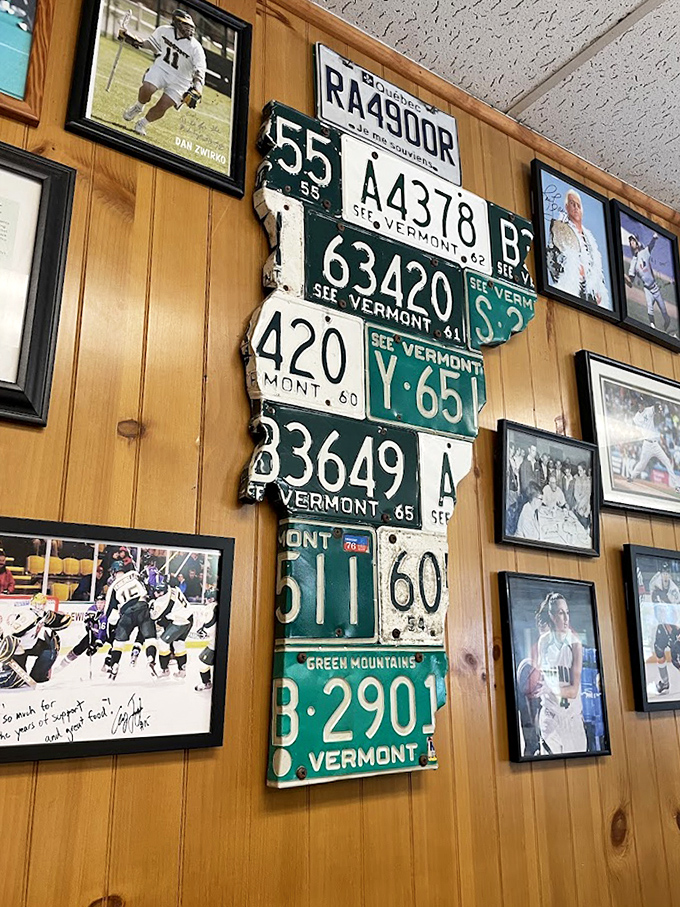 Vermont license plates arranged in state formation &ndash; the walls at Handy's tell stories that no menu ever could.