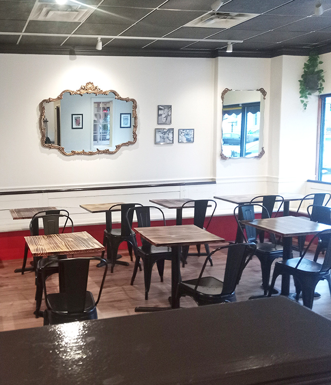 Vintage mirrors create an interesting contrast with modern furnishings, somehow making the dining space feel both timeless and contemporary &ndash; the perfect biscuit-enjoying environment.