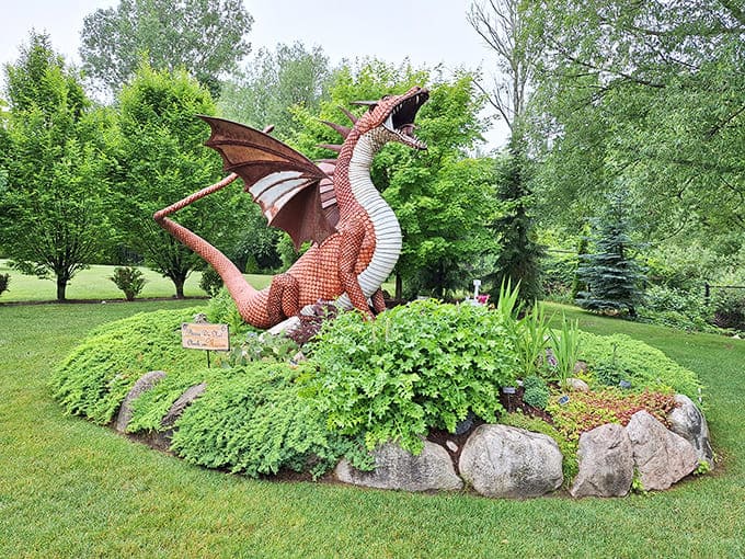 "I'm just here for the wedding cake," says this magnificent dragon sculpture, adding mythical charm to the already magical grounds.
