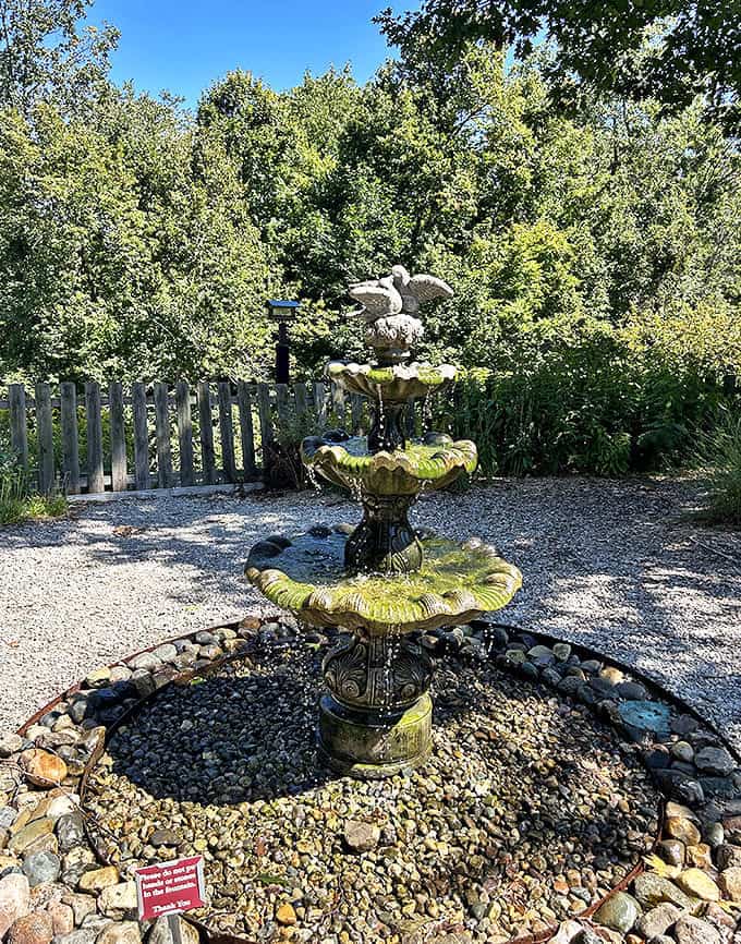 This elegant fountain brings a touch of European garden charm to the woods, where birds stop for refreshment between performances.