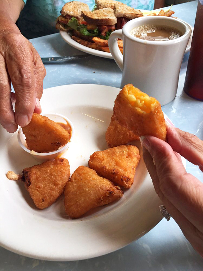 Wisconsin's famous fried mac and cheese &ndash; golden-fried perfection waiting for that first satisfying bite.