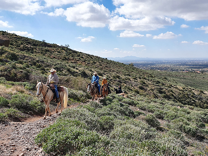 Horseback riders experience the landscape as early explorers did, following trails that wind through terrain unchanged for centuries.