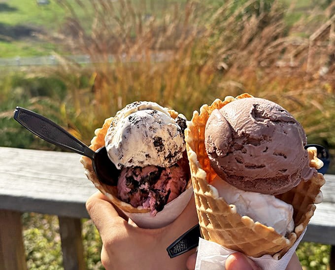 Ice cream served in waffle cones: Against a backdrop of rolling farmland, these waffle cones stand as edible monuments to summer's perfect moment &ndash; just eat quickly before it melts!