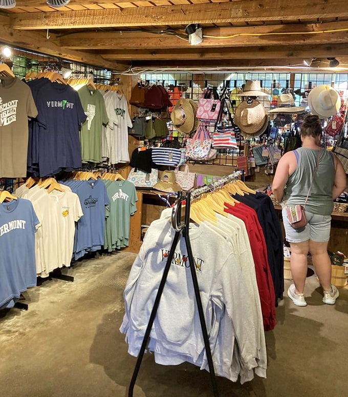 Vermont pride on display with locally themed apparel &ndash; where "souvenir shopping" becomes "essential wardrobe enhancement."