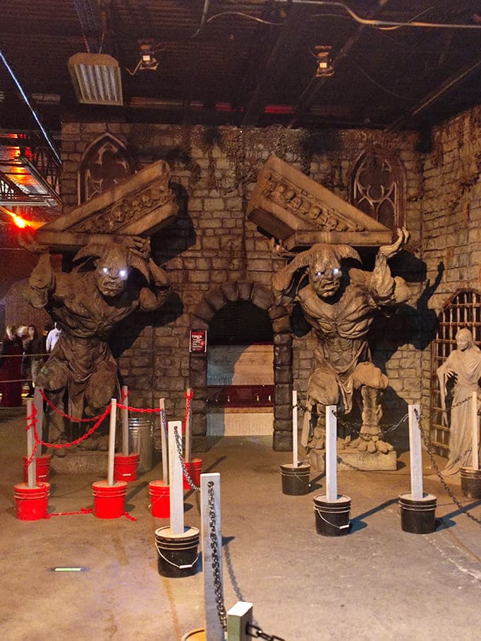 These imposing guardians look like they've been holding up those pillars since before building codes existed – and they're not happy about it.