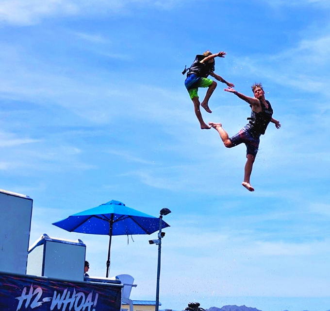 Mid-air freedom! That weightless moment between slide and splash is what thrill-seekers live for.